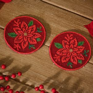 POINSETTIA BEADED ROUND COASTER SET OF TWO