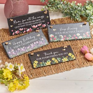 FLORAL MIXED FLOWERS SLATE PLAQUE 4 ASSTD WORDING TRAY 24