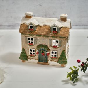 GERMAN HOLLY COTTAGE STONEWARE HOUSE WITH DORMA WINDOWS CANDLE HOLDER